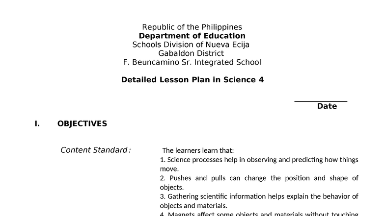 Detailed Lesson Plan in Science 4: Understanding Magnets and Forces ...