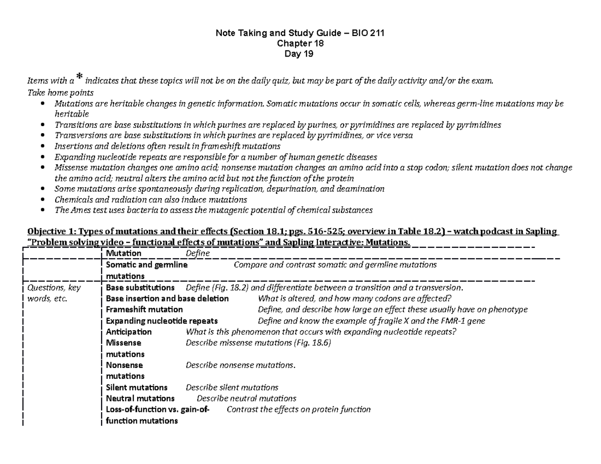 Note Taking Guide Day19 - Note Taking and Study Guide BIO 211 Chapter 18 Day 19 Items with a ...