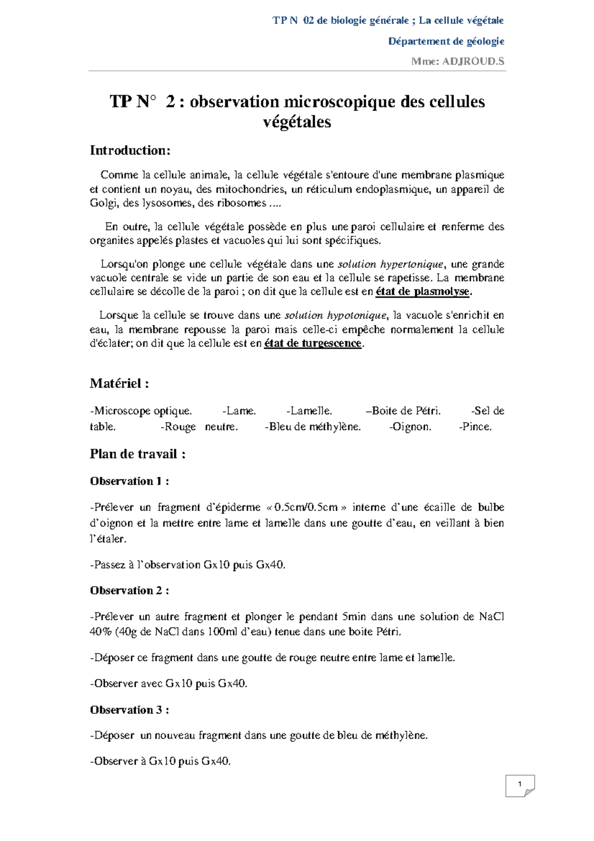 TP N° 02 : Observation Microscopique des Cellules Végétales - Studocu