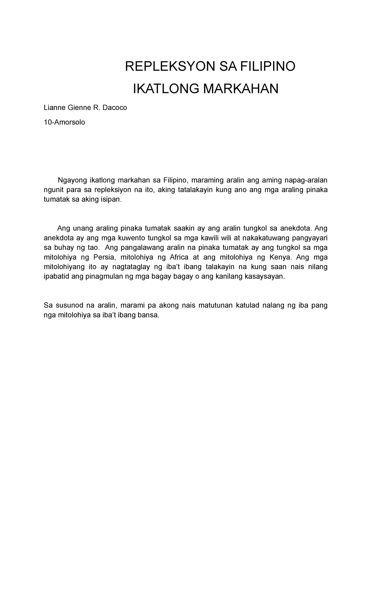 Repleksyon sa Filipino Ikatlong Markahan: Mga Aralin at Mitolohiya ...
