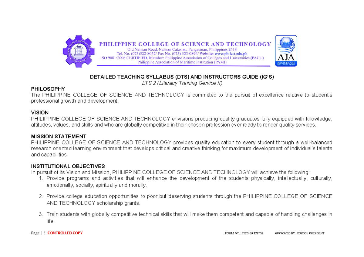 LTS 2: Detailed Syllabus & Instructor's Guide for Literacy Training ...