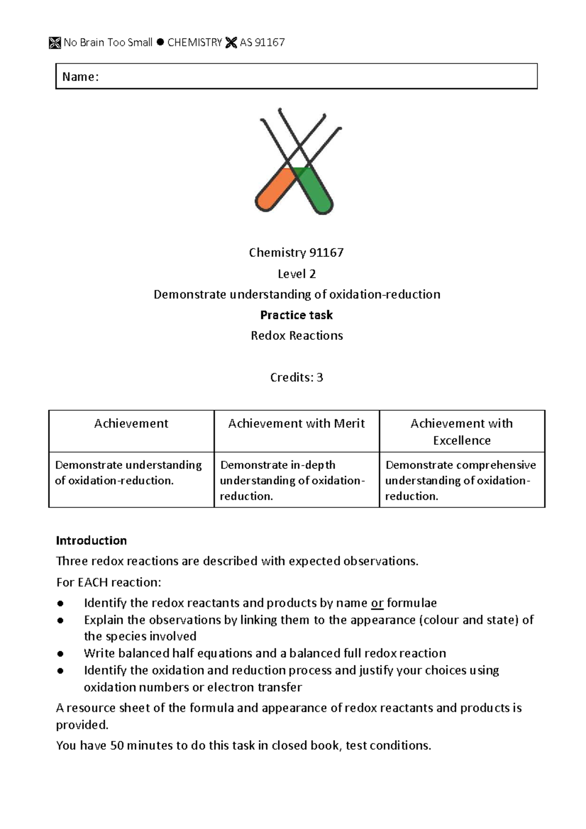 Chemistry AS 91167 Redox Reactions Practice Task Notes - Studocu