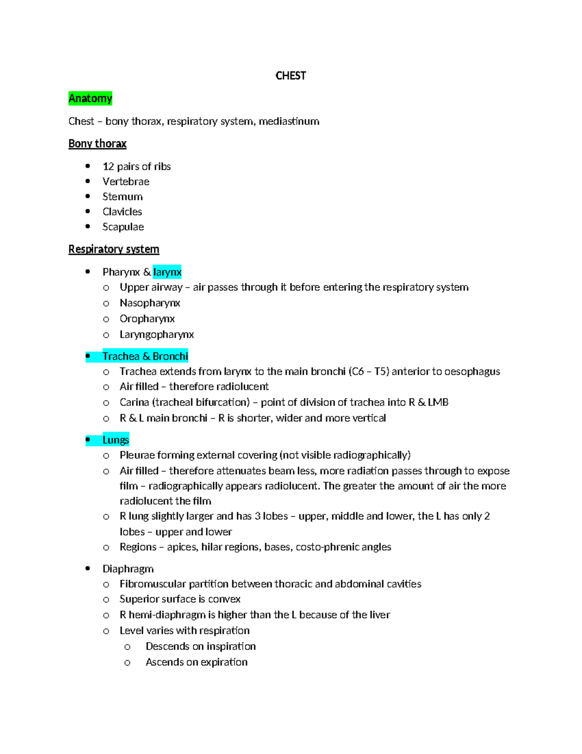 CHEST 101: Anatomy of the Bony Thorax & Respiratory System Notes - Studocu