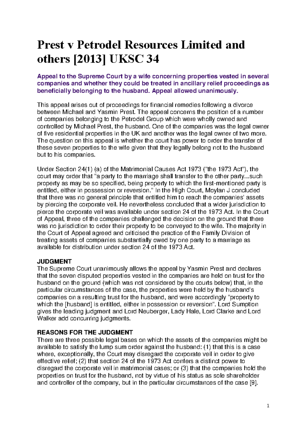 Prest v Petrodel Resources Ltd: Supreme Court Financial Relief Appeal ...