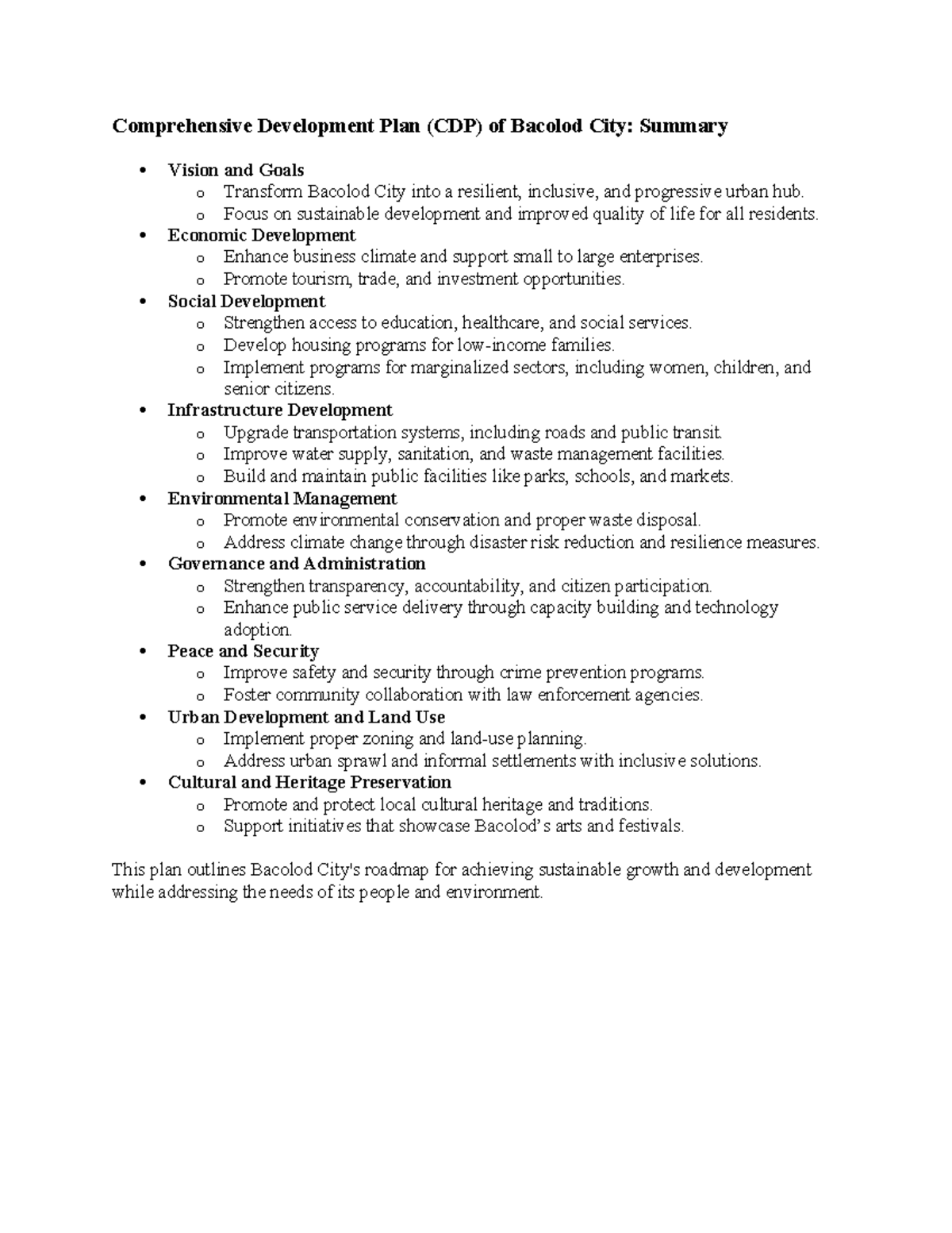 Comprehensive Development Plan (CDP) Notes: Bacolod City Vision & Goals ...