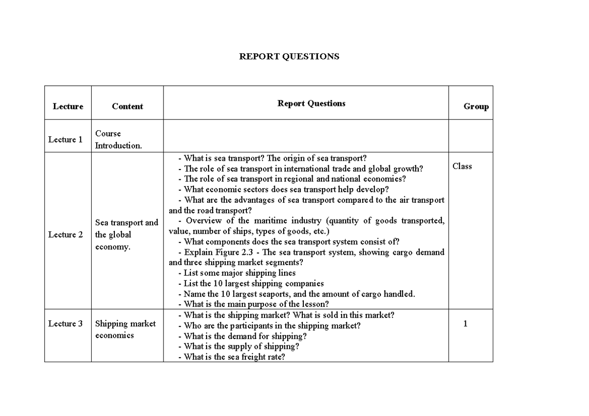 REPORT QUESTIONS: Sea Transport & Global Economy (Course Code) - Studocu
