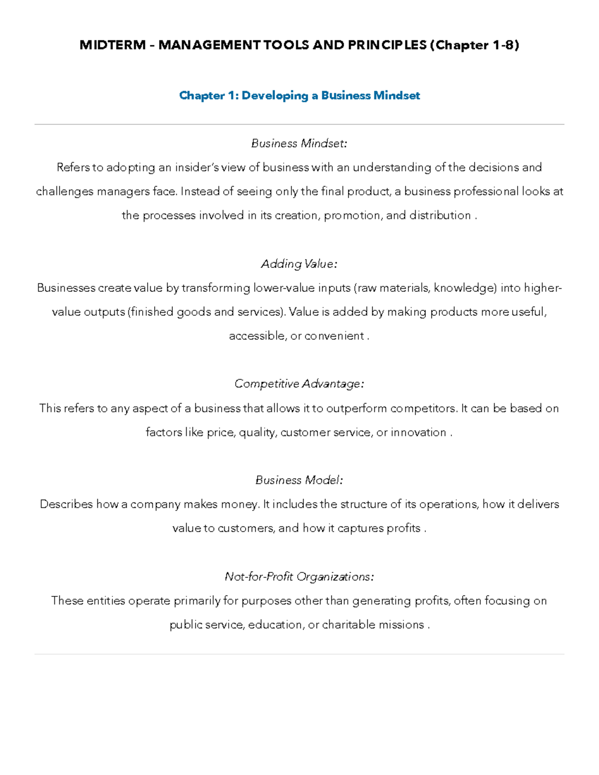 Midterm - Management Tools & Principles (Chapters 1-8 Overview) - Studocu