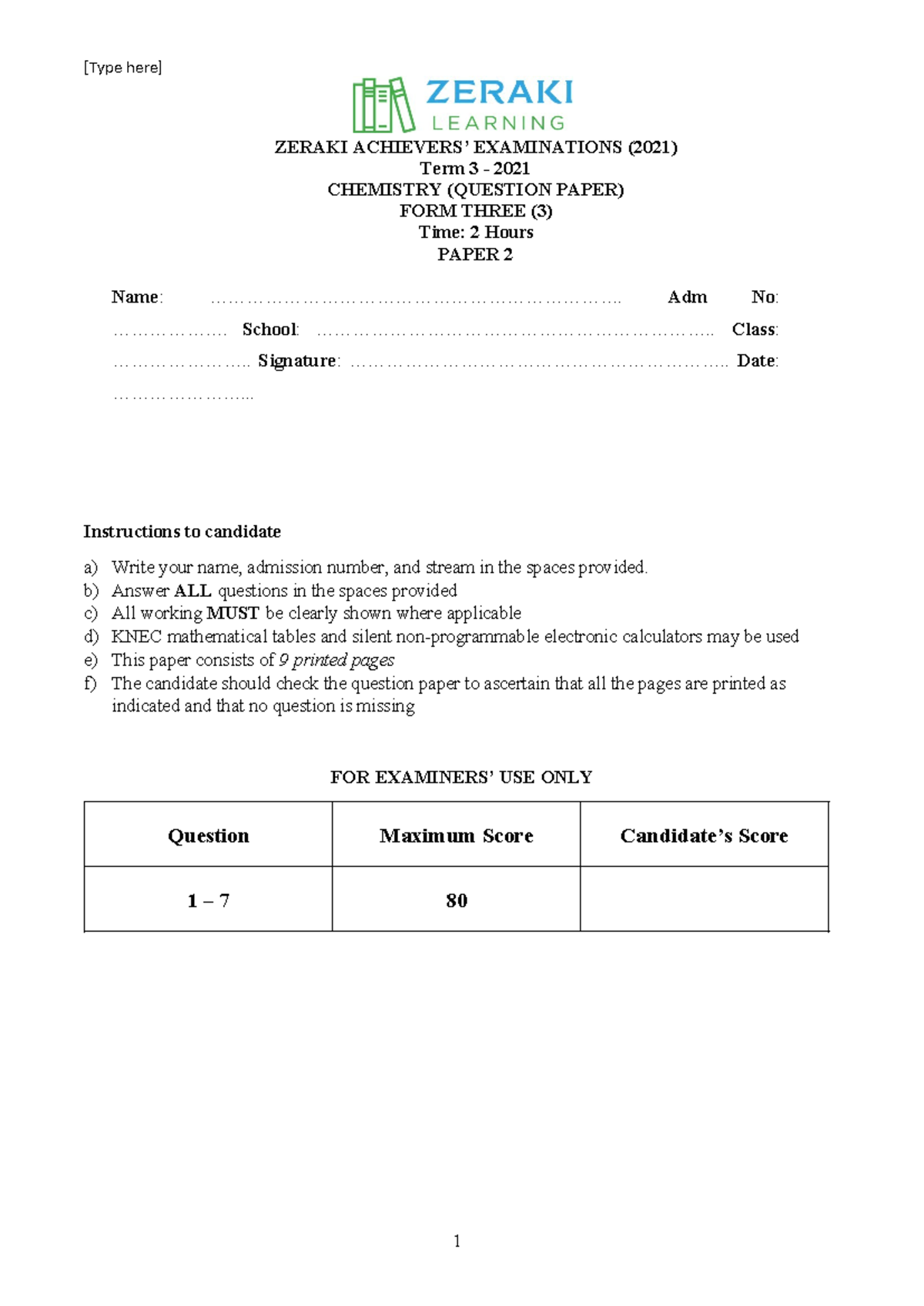Chemistry Form 3 Paper 2 Question Paper - Zeraki Achievers 3.0 (June ...