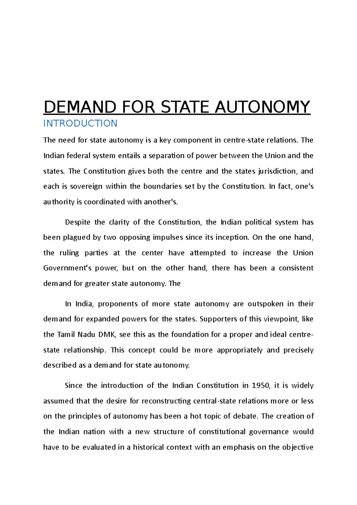 Demand for State Autonomy in the Indian Federal System - Studocu