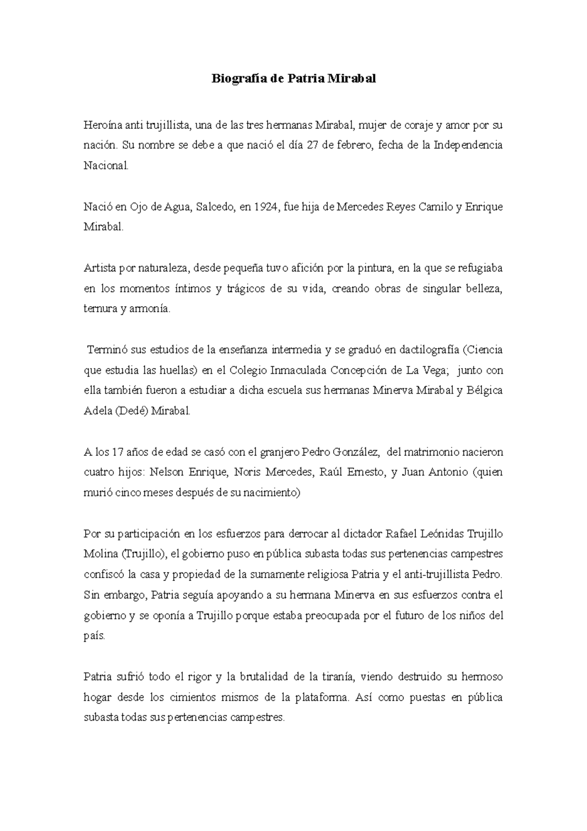 Biografía de Patria Mirabal: Heroína Anti-Trujillista y Su Legado - Studocu