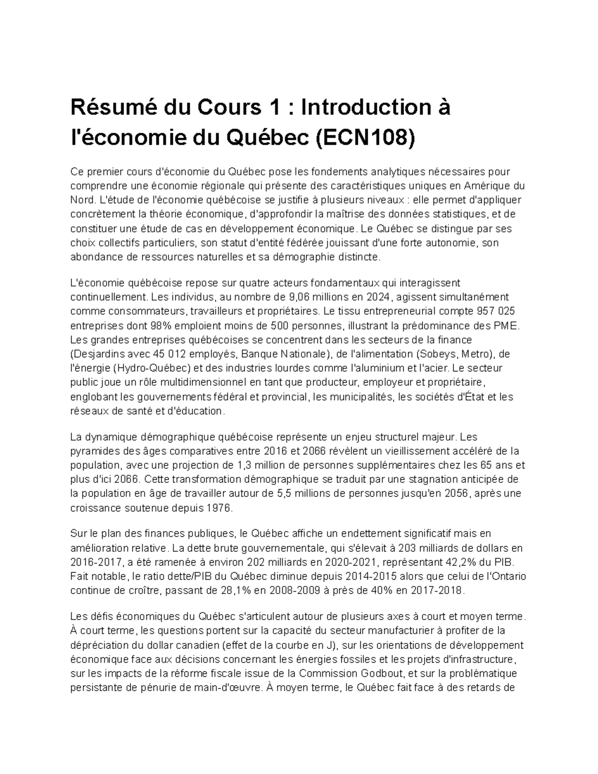 Résumé du Cours 1 : Introduction à l'Économie du Québec (ECN108) - Studocu