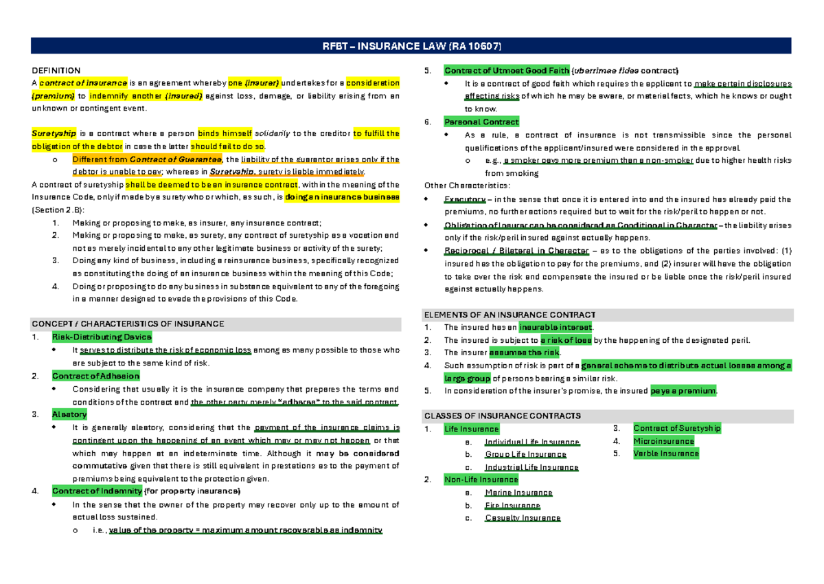 RFBT INSURANCE LAW (RA 10607) Comprehensive Study Notes - Studocu