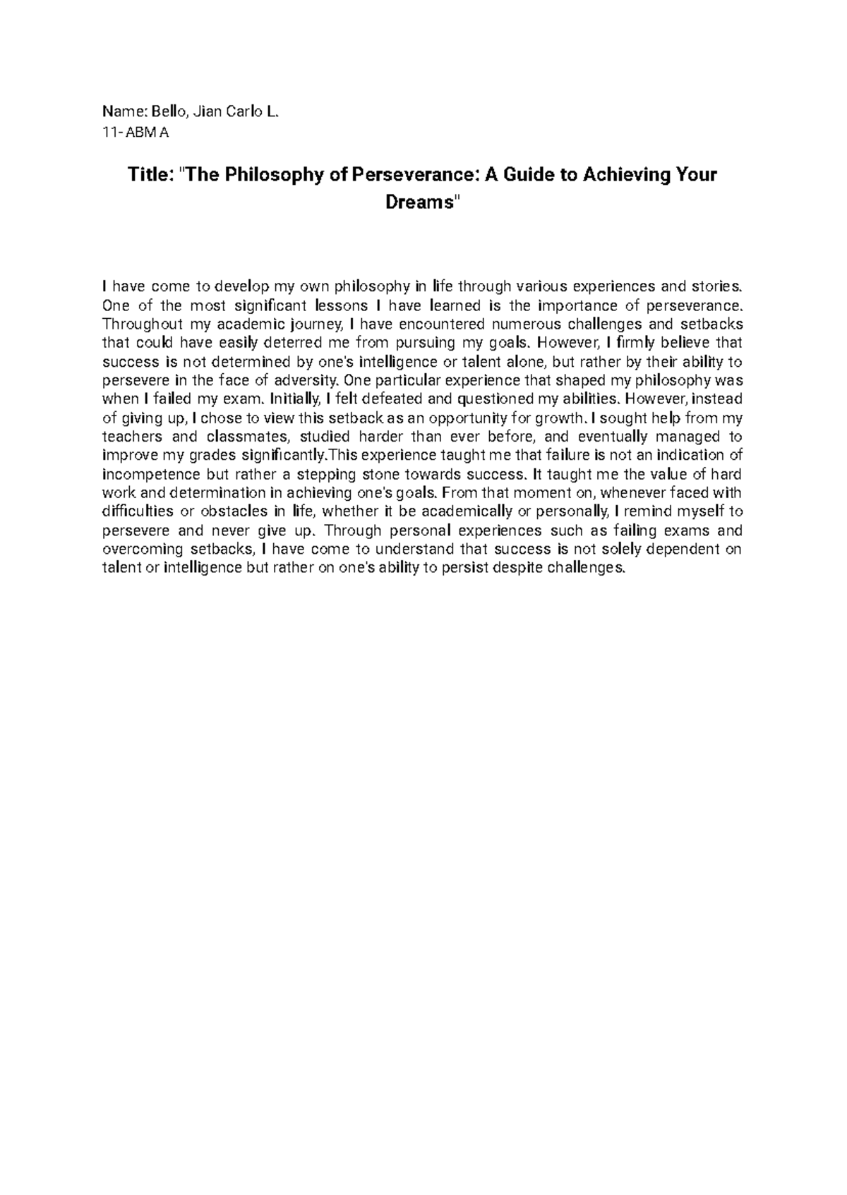 Philosophy -1 - english teCHER - Name: Bello, Jian Carlo L. 11- ABM A ...