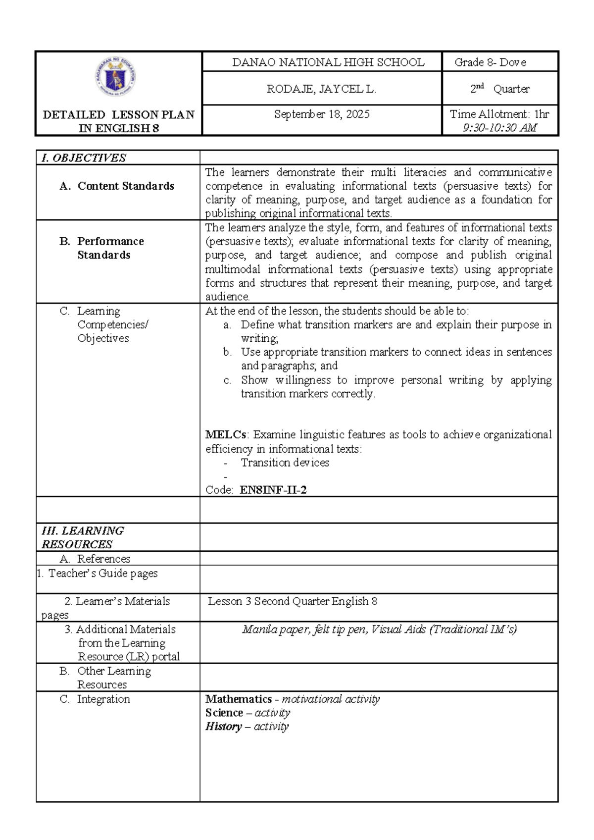 Detailed Lesson Plan on Transition Markers for English 8 (2nd Quarter ...
