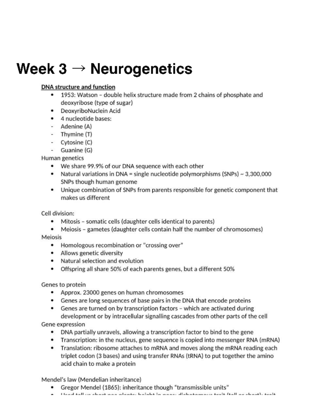 Week 3 Neurogenetics: DNA Structure, Function, and Inheritance - Studocu