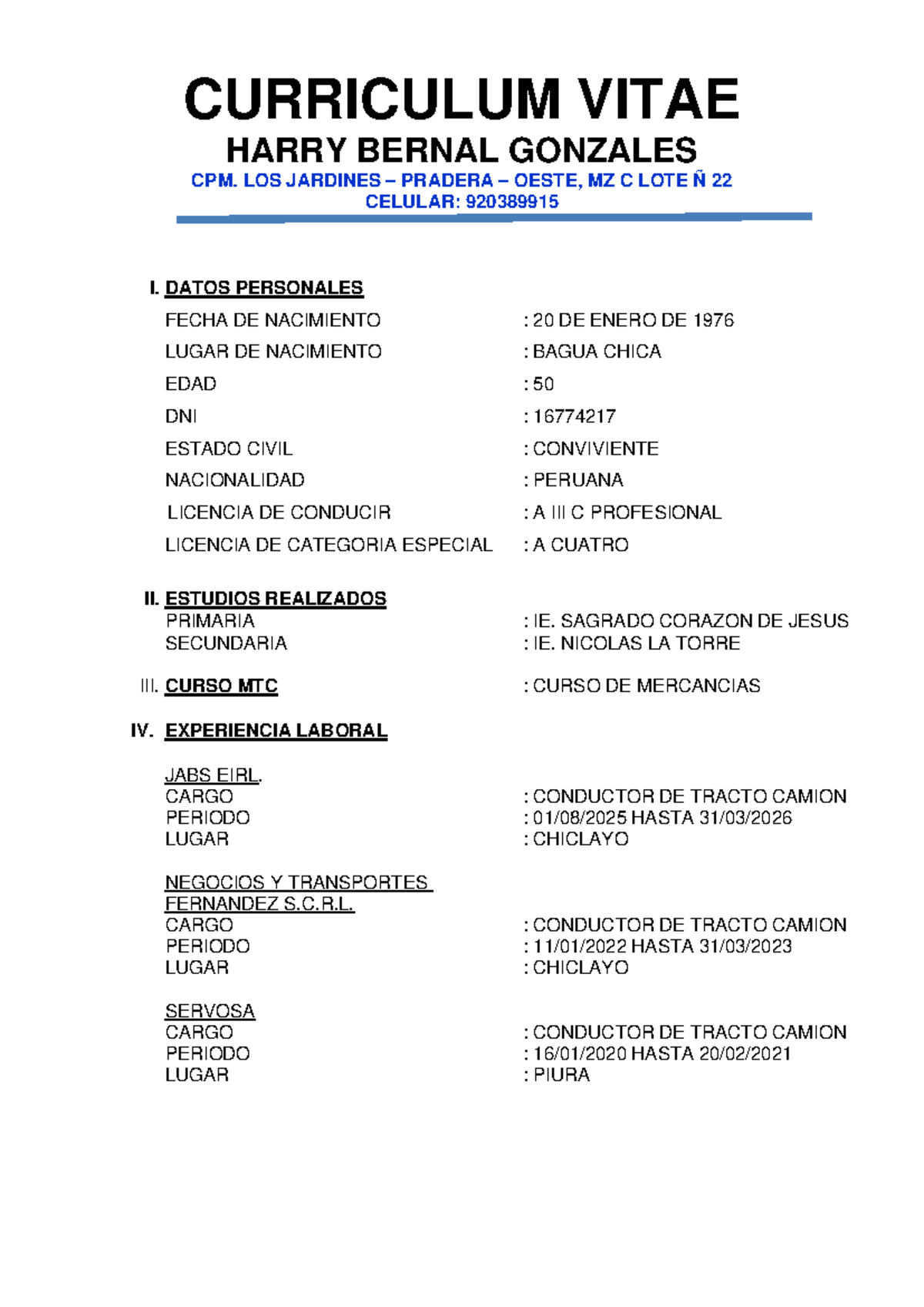 CV Henrry Bernal - Experiencia y Datos Personales - Studocu