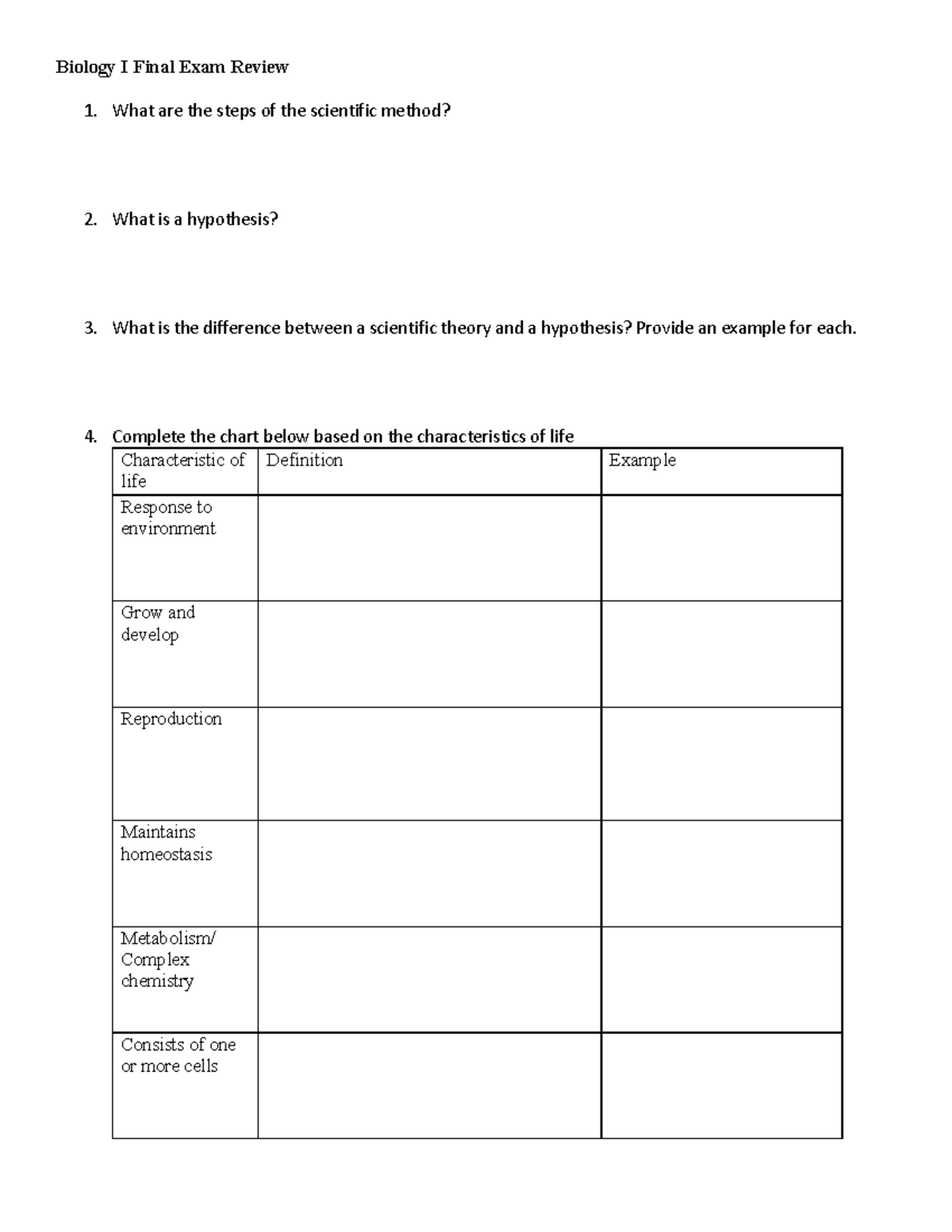 Biology I Final Exam Review Guide: Key Concepts & Questions - Studocu