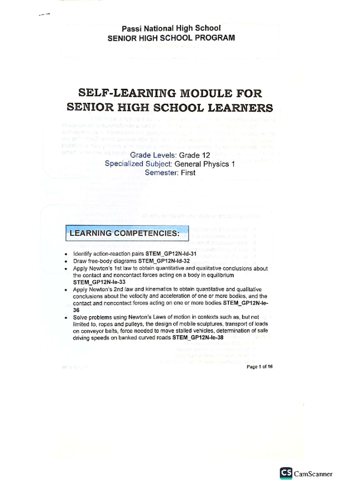 General Physics 1: Laws of Motion & Forces Module for Grade 12 - Studocu