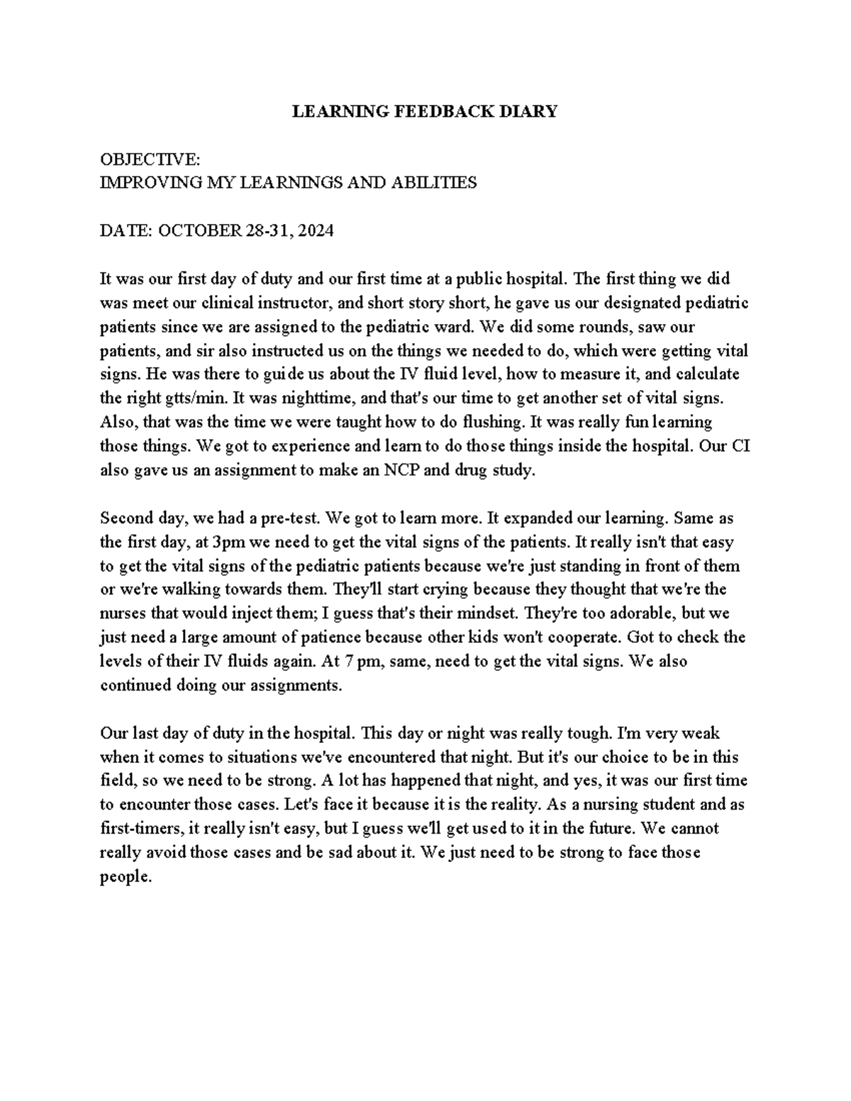 LFD - Reflective Learning Feedback Diary (Oct 28-31, 2024) - Studocu