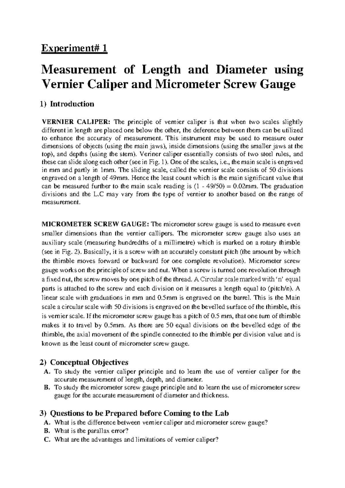 Experiment 1: Length & Diameter Measurement with Vernier Caliper ...