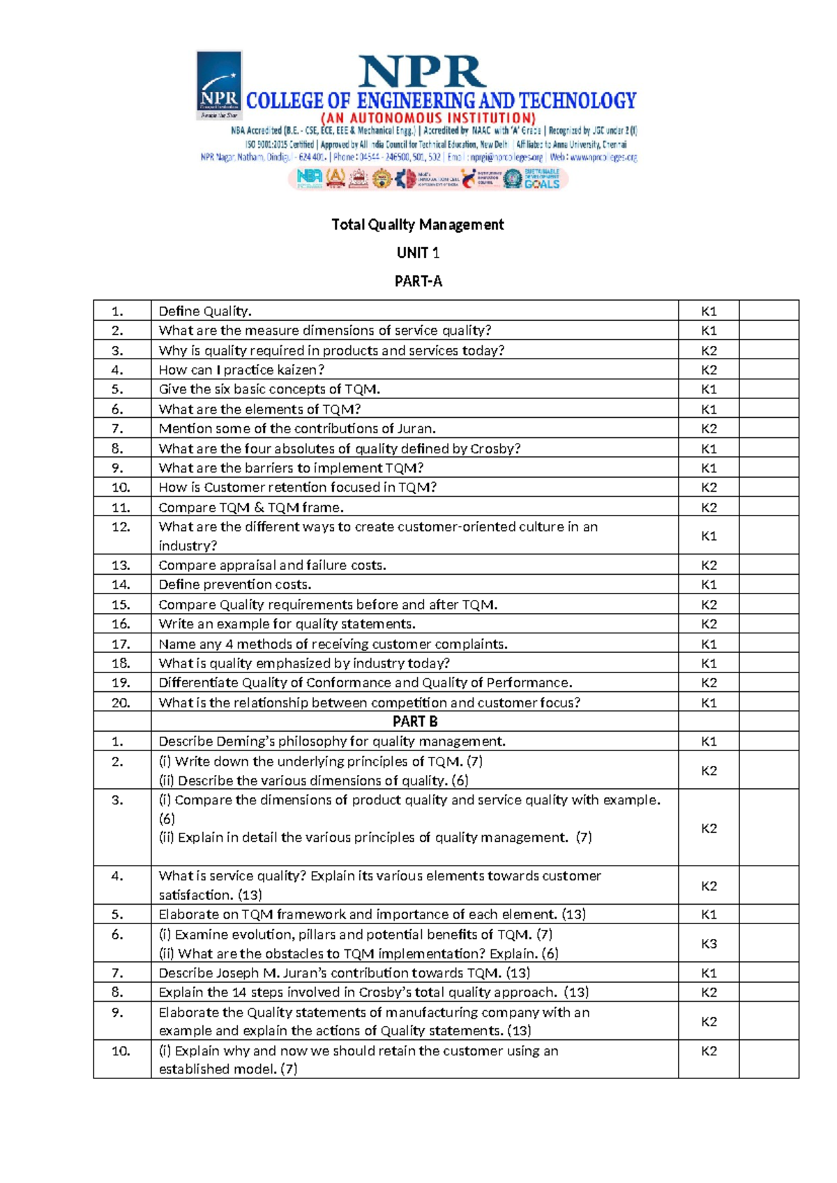 TQM QB - Comprehensive Question Bank for Total Quality Management - Studocu