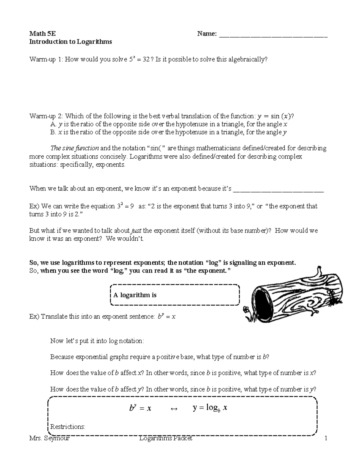 Logarithms - Intro to Logs Packet [Math 5E] - Studocu