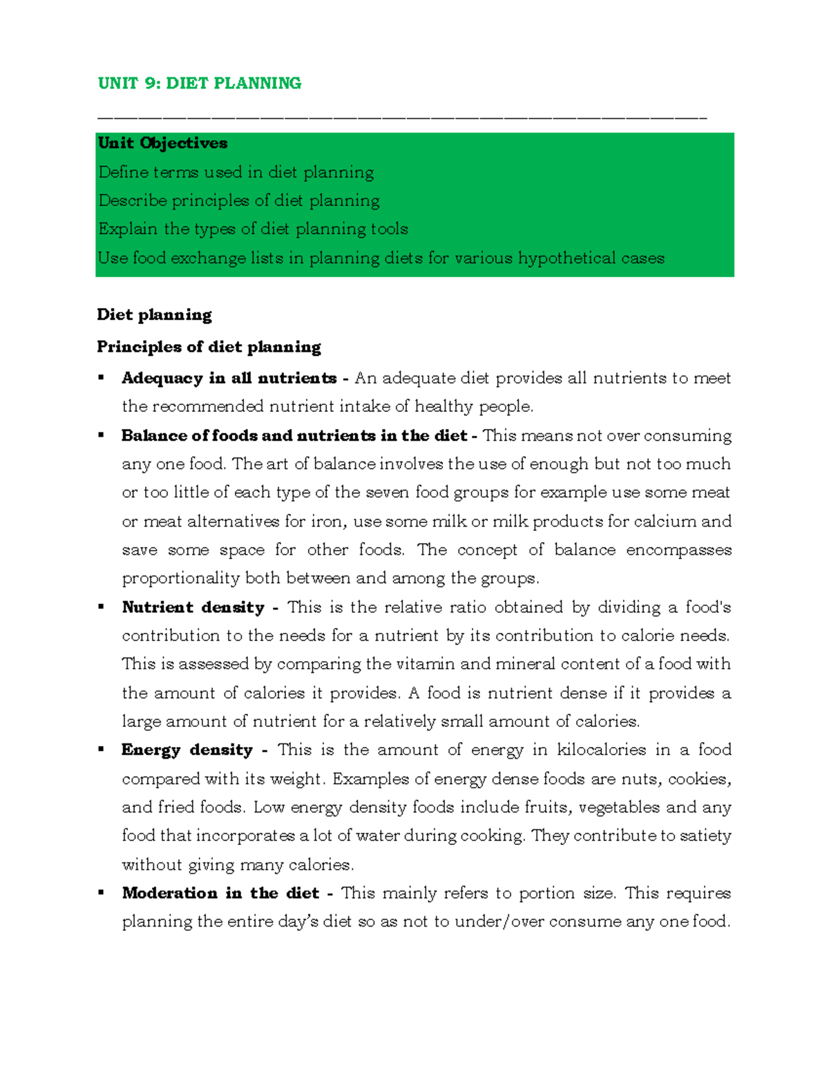 UNIT 9: DIET PLANNING - Principles and Tools for Effective Diets - Studocu