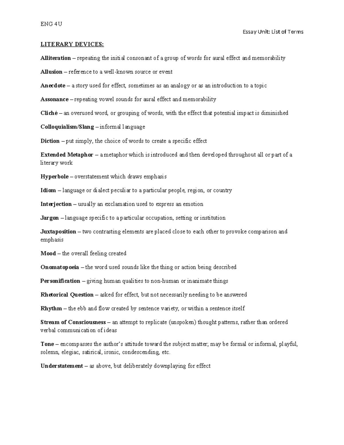 ENG 4U Literary Devices Definitions and Explanations for Essays - Studocu