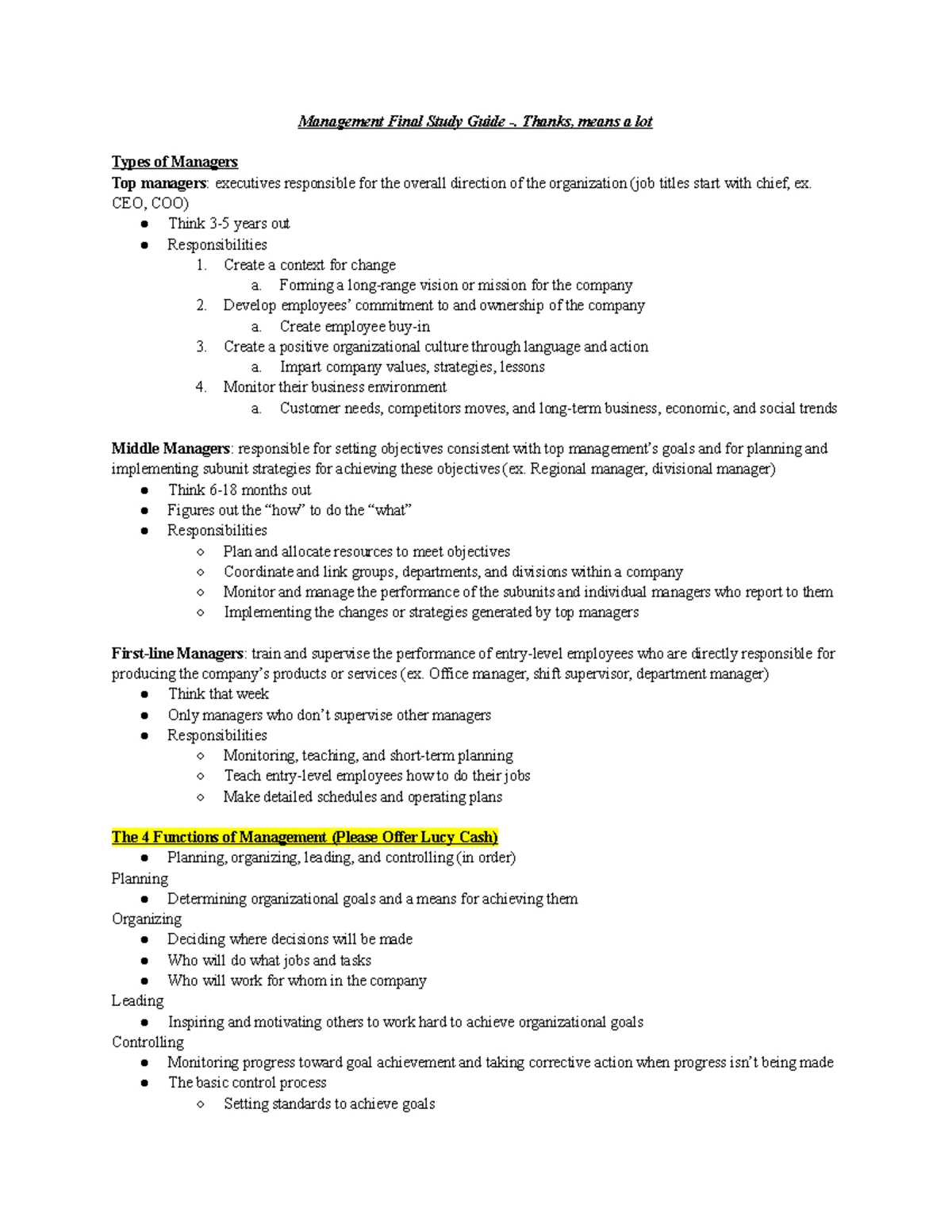 Final Exam Study Guide - Summary Intro to Management - Final Exam Study ...