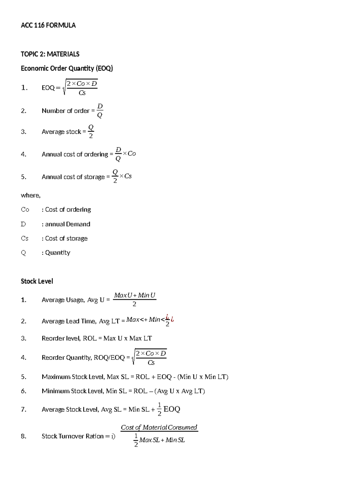 ACC 116 Formula - easy - ACC 116 FORMULA TOPIC 2: MATERIALS Economic ...