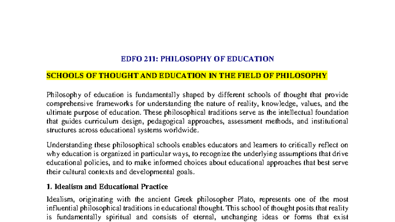 EDFO 211: Schools of Thought in Philosophy of Education Handout - Studocu