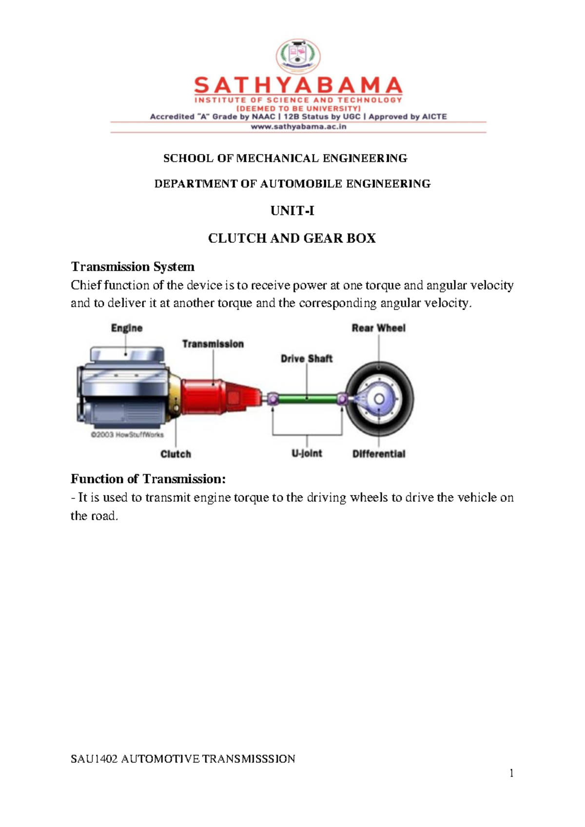 Clatch AND Gearbox Notes - SAU1402 AUTOMOTIVE TRANSMISSSION SCHOOL OF ...
