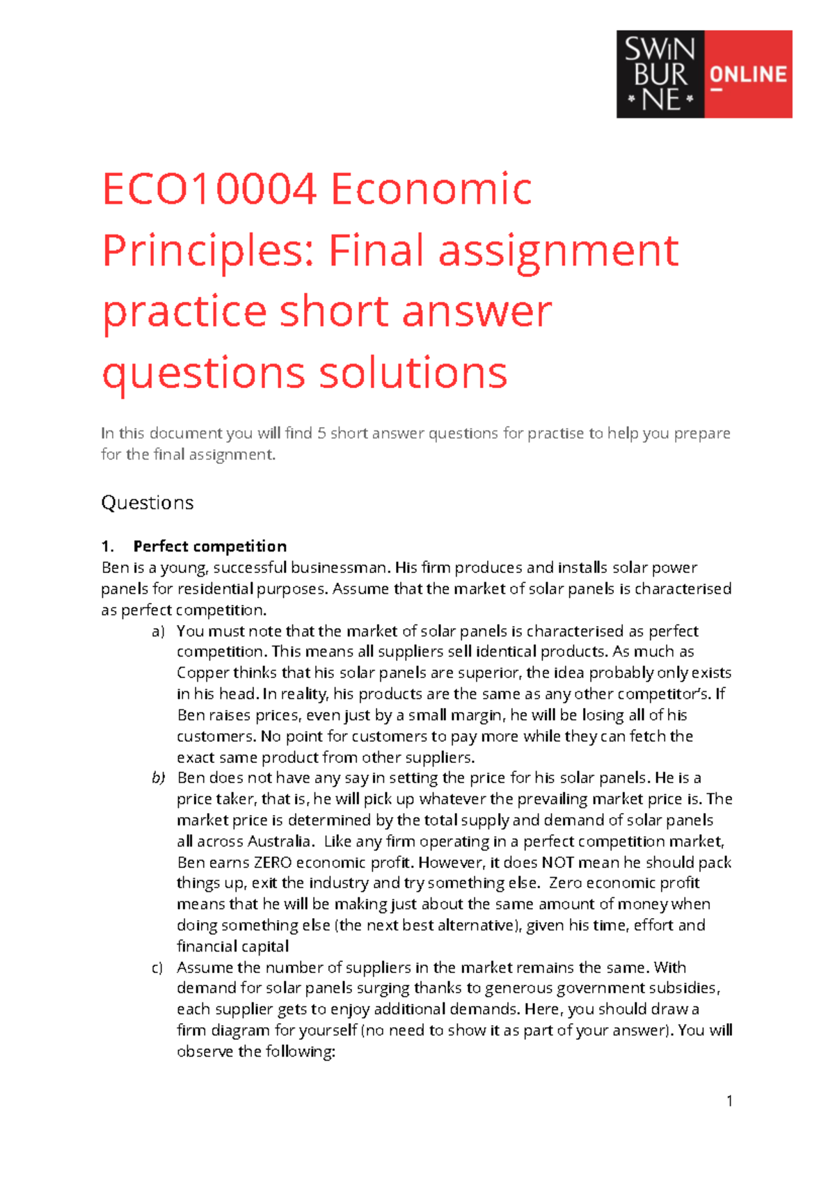 Practice short answer question solutions - ECO10004 Economic Principles ...