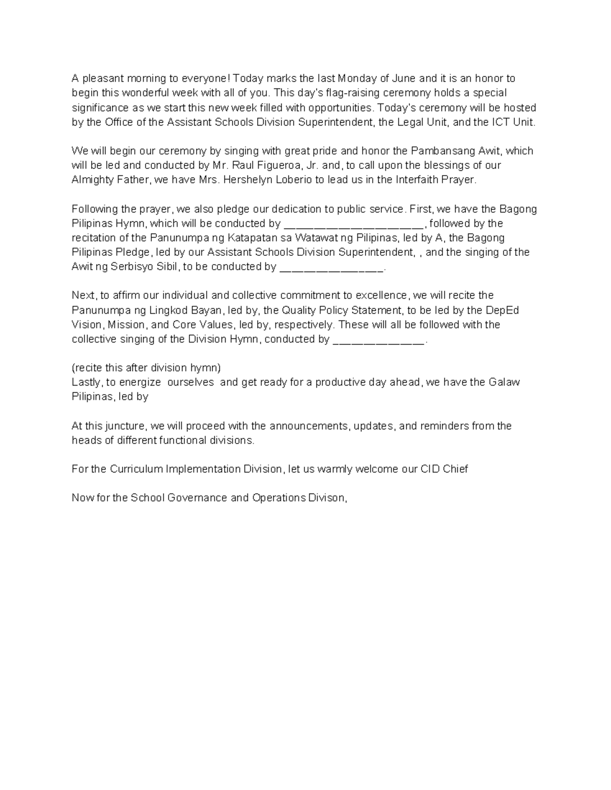 Emcee Script for Flag Ceremony - Special Monday Event - Studocu