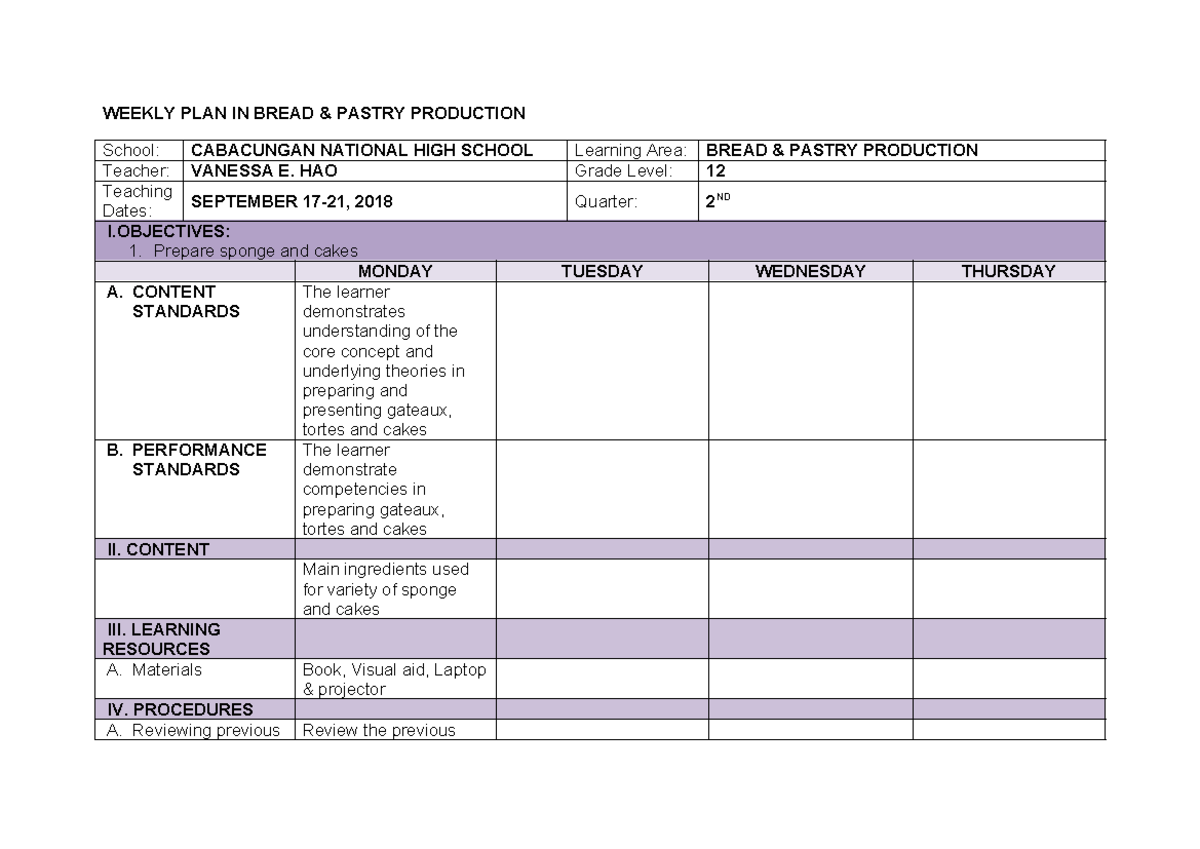 BREAD PASTRY PRODUCTION 12: Weekly Plan for 2nd Quarter - Studocu