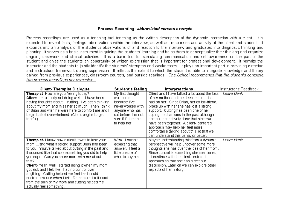 Process Recording Example: Clinical Interaction & Analysis Guide - Studocu