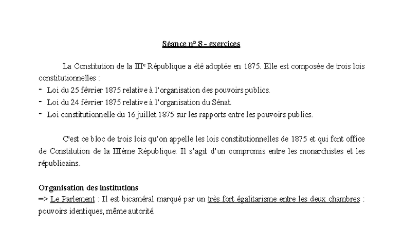 Séance 8 - Exercices sur la Constitution de 1875 et ses Lois - Studocu