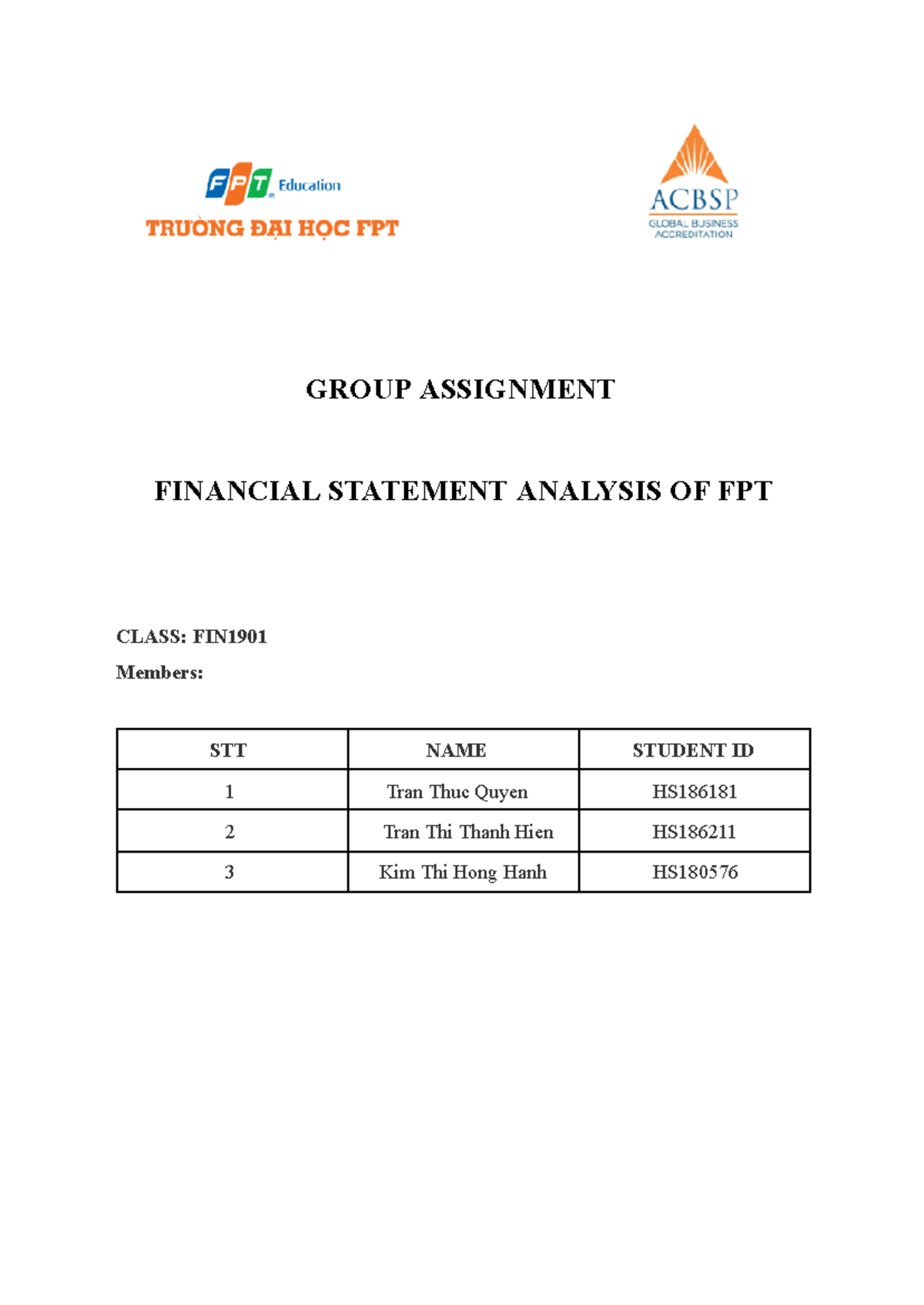 Group Assignment: Financial Statement Analysis of FPT (FIN1901) - Studocu