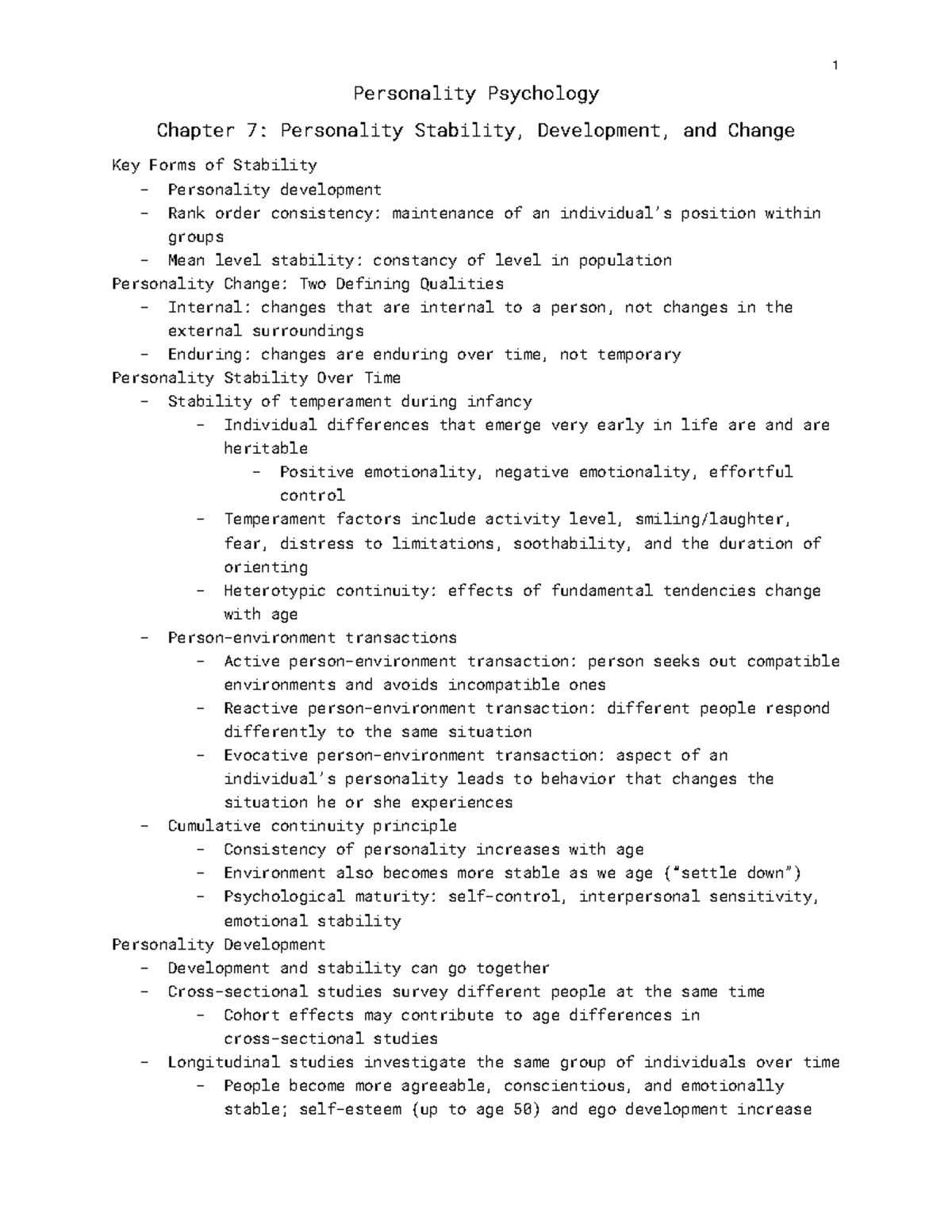 Ch. 7: Personality Stability, Development, and Change - in personality ...