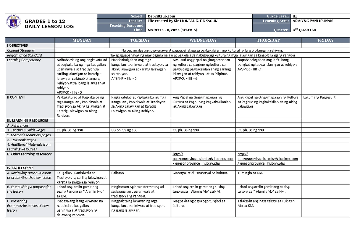 Q3-Music & ARTS WEEK 3 DLL - Exploring Kalinga Folktale Fugtong - Studocu