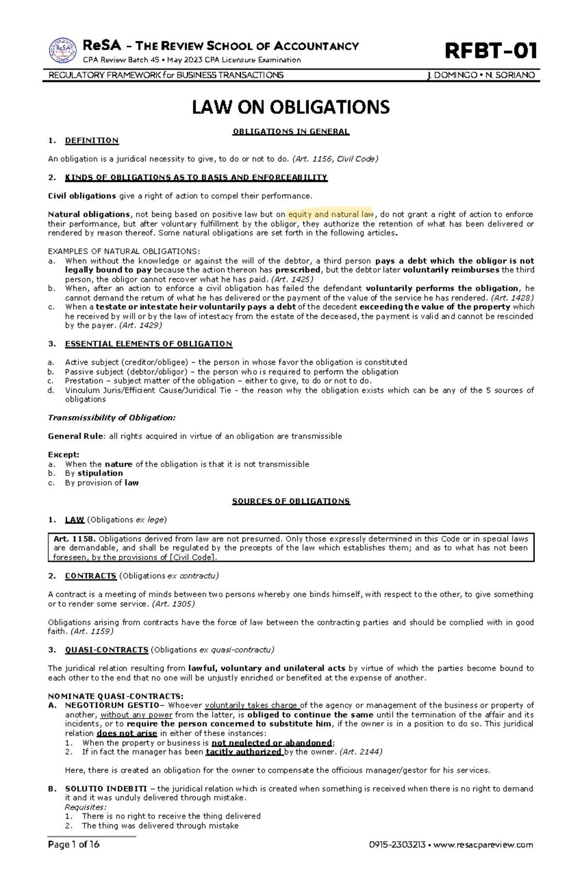 ReSA CPA Review Batch 45: Law on Obligations Overview and Key Concepts ...