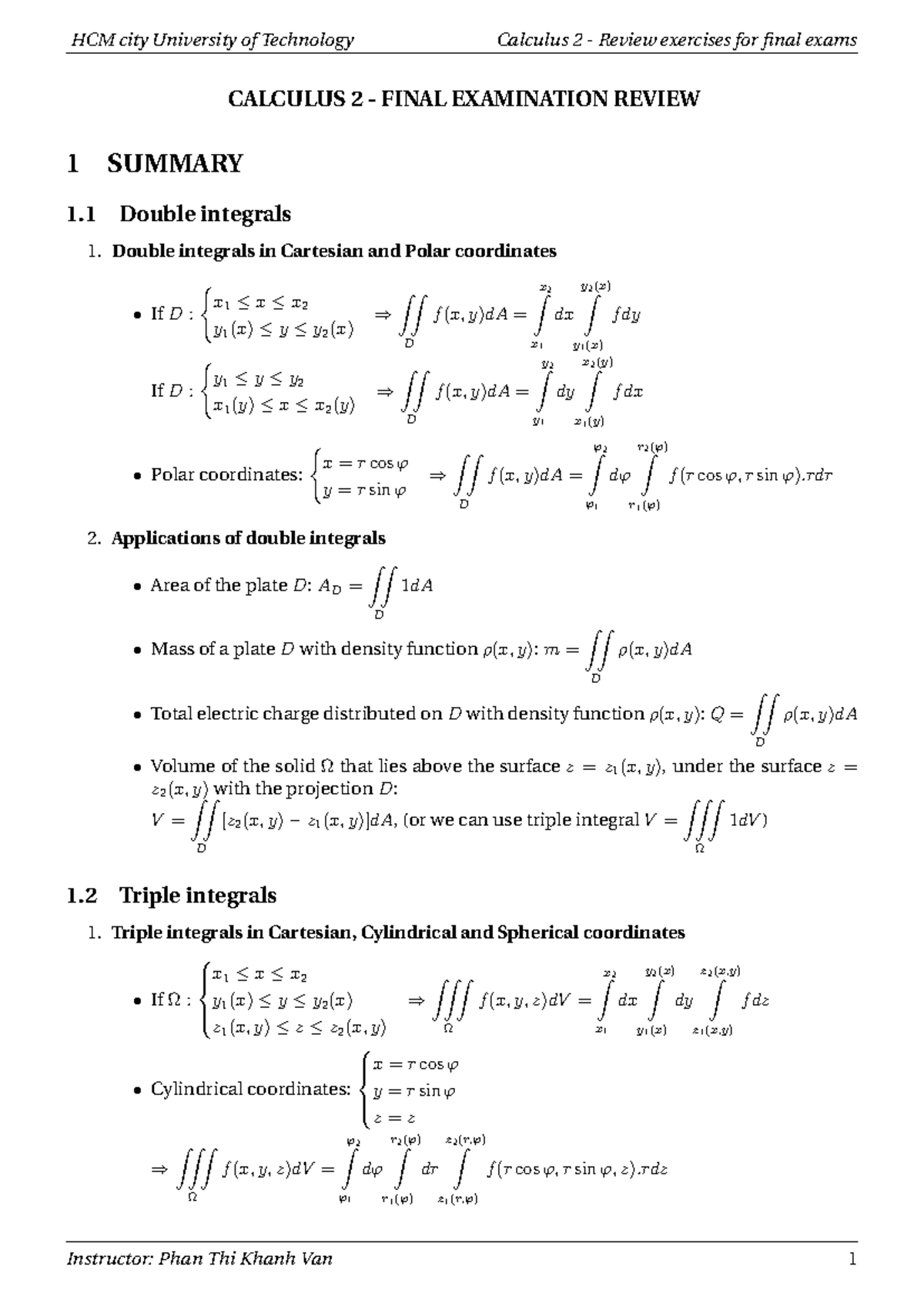 Cal2 Sample final examination TT - CALCULUS 2 - FINAL EXAMINATION ...