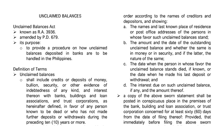 R.A. 3936: Unclaimed Balances Act Overview and Key Provisions - Studocu