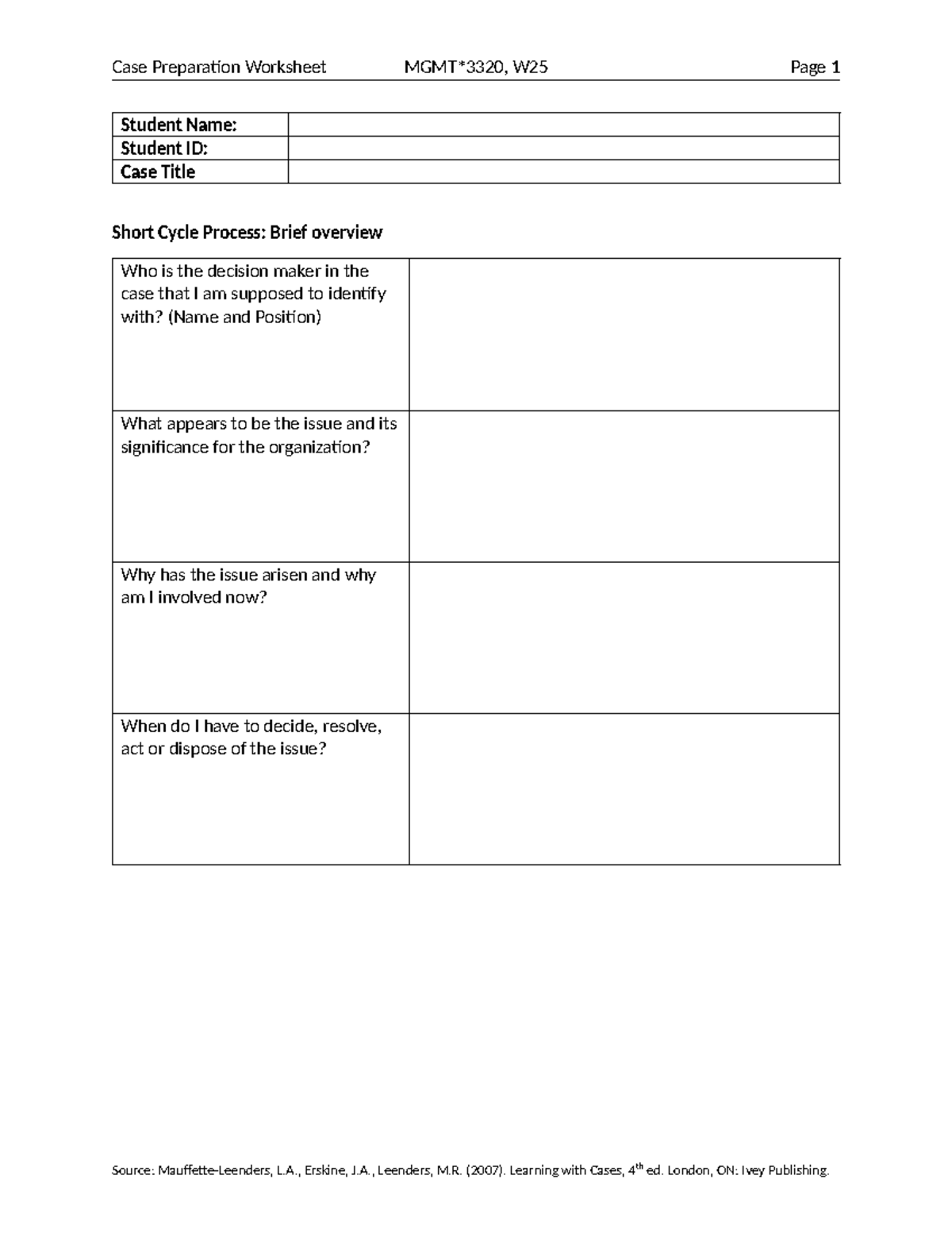 Case Preparation Worksheet W25: Short & Long Cycle Process Analysis ...