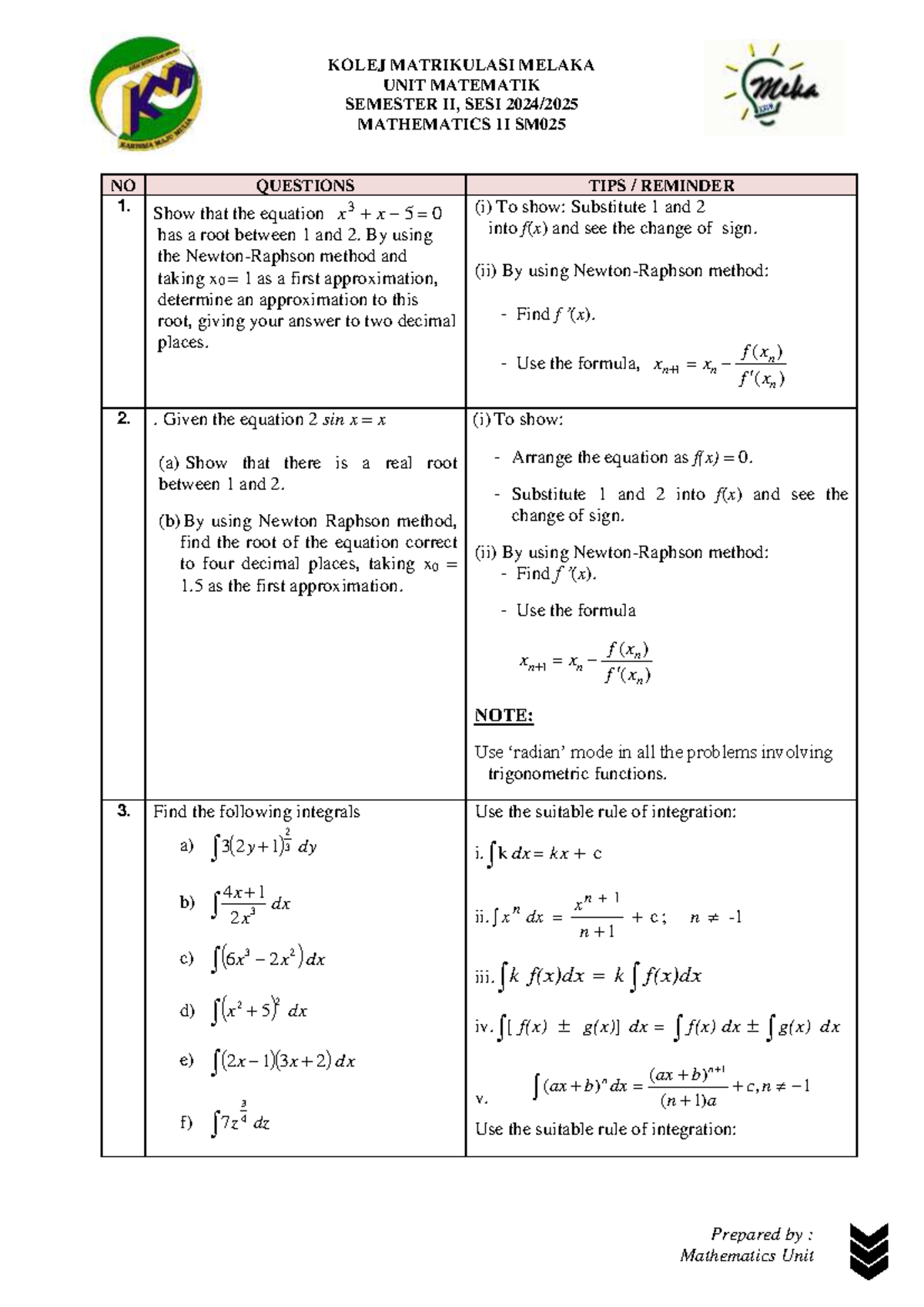 MATHEMATICS 1 I SM 025: Practice Material for Semester II (2024/2025 ...