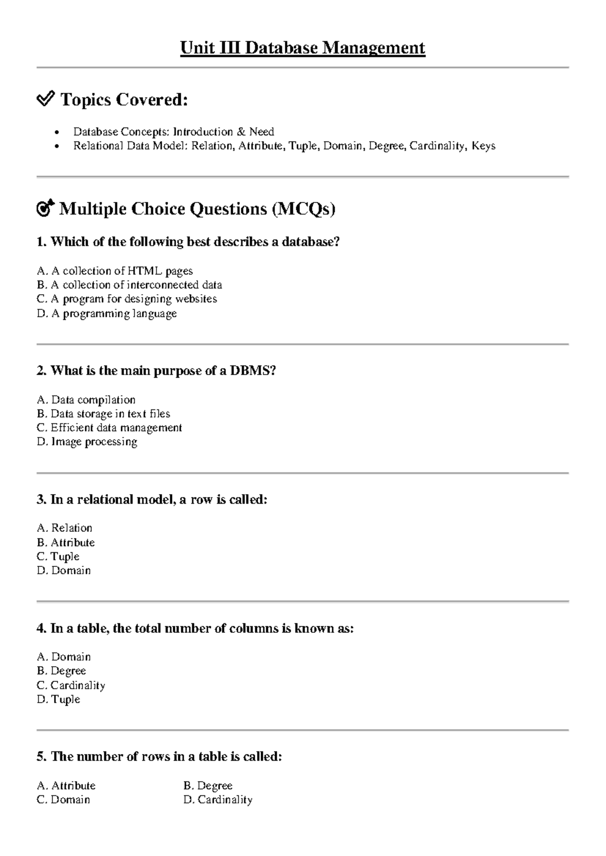 Unit III DBMS: Key Concepts and MCQs on Relational Data Model - Studocu