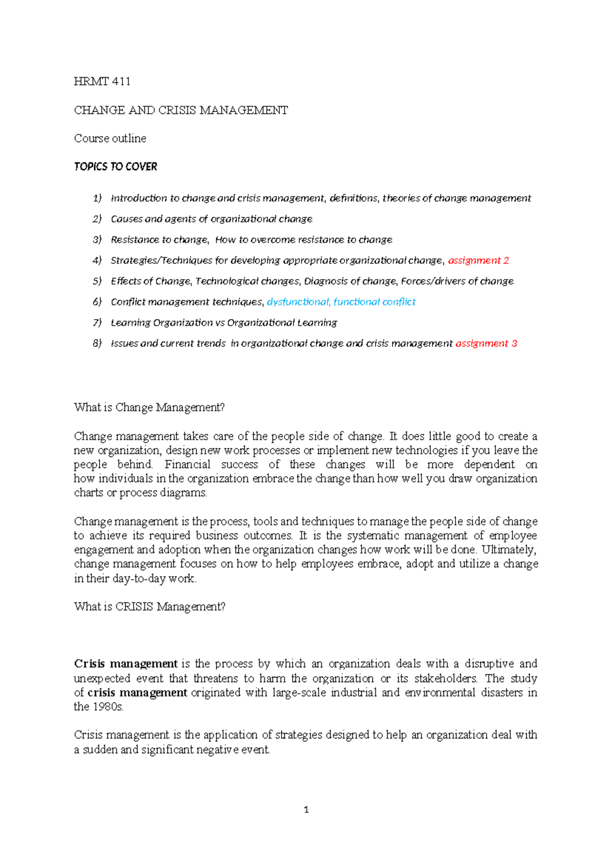 HRMT 411 Change and Crisis Management Course Outline and Key Concepts ...
