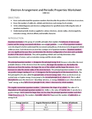 Electron Arrangement and Periodic Properties Worksheet. CHM 151 - Elec ...
