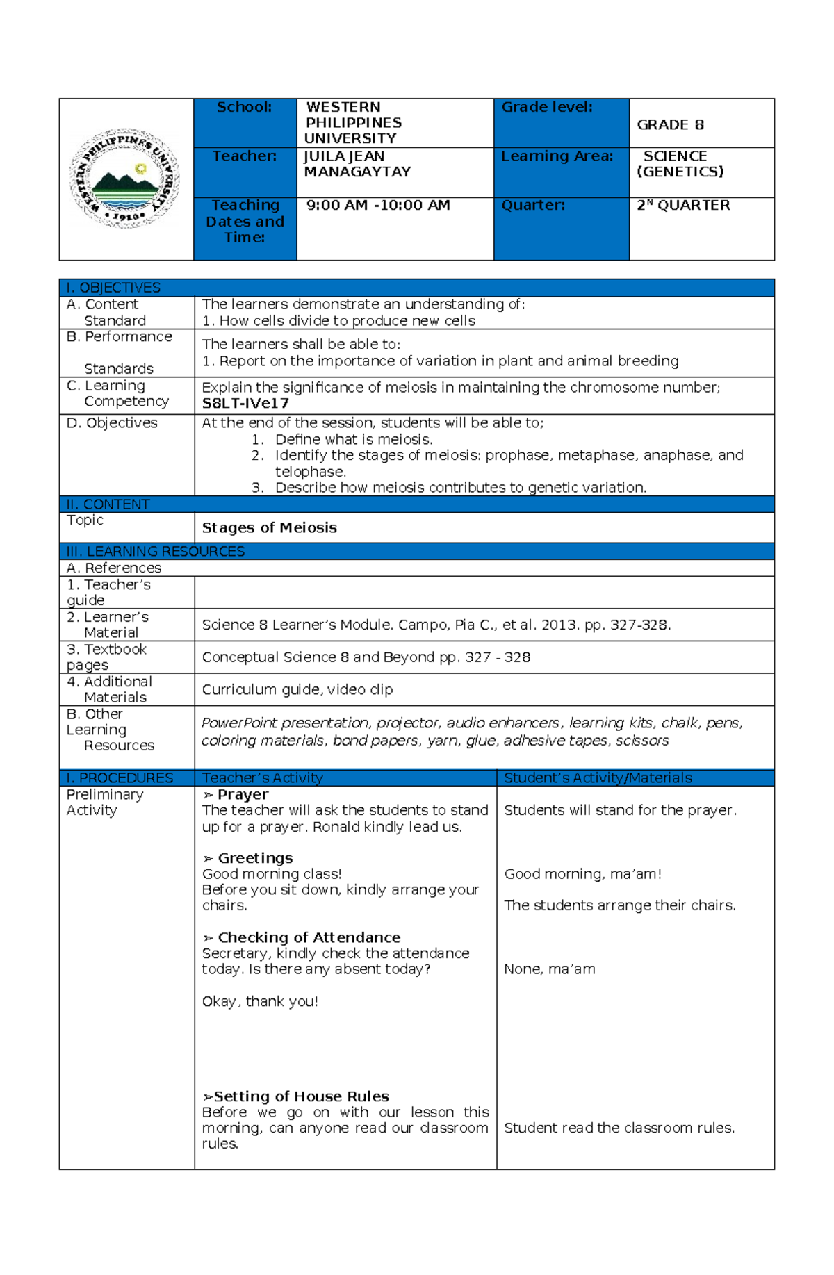 Lesson Plan: Genetics - Meiosis (Grade 8) by J. Managaytay - Studocu