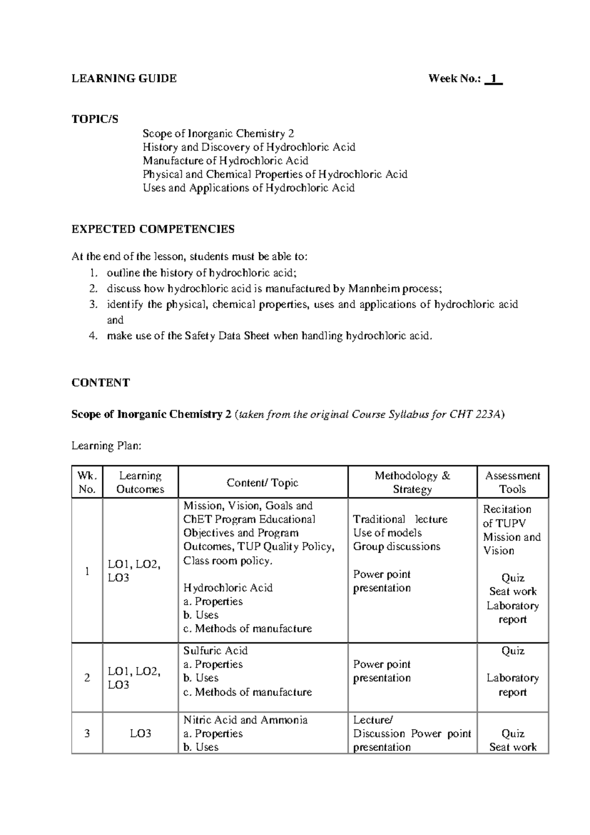CHT 223A Week 1 Learning Guide: Hydrochloric Acid Overview - Studocu